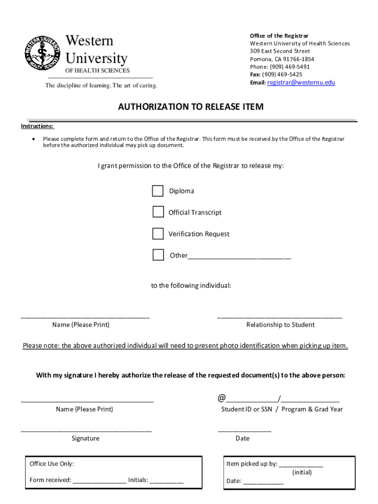 Fillable Online Authorization to Release Item - Western University of ...