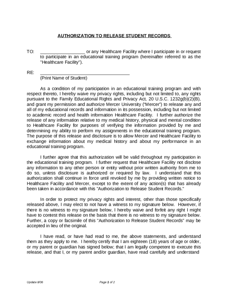 AUTHORIZATION FOR RELEASE OF RECORDS AND INATION - faculty mercer Doc ...