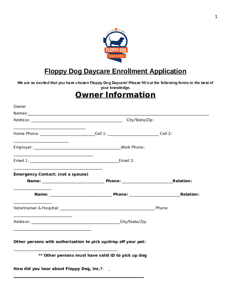 Floppy Dog Daycare Enrollment Application Doc TemplatepdfFiller Doc ...