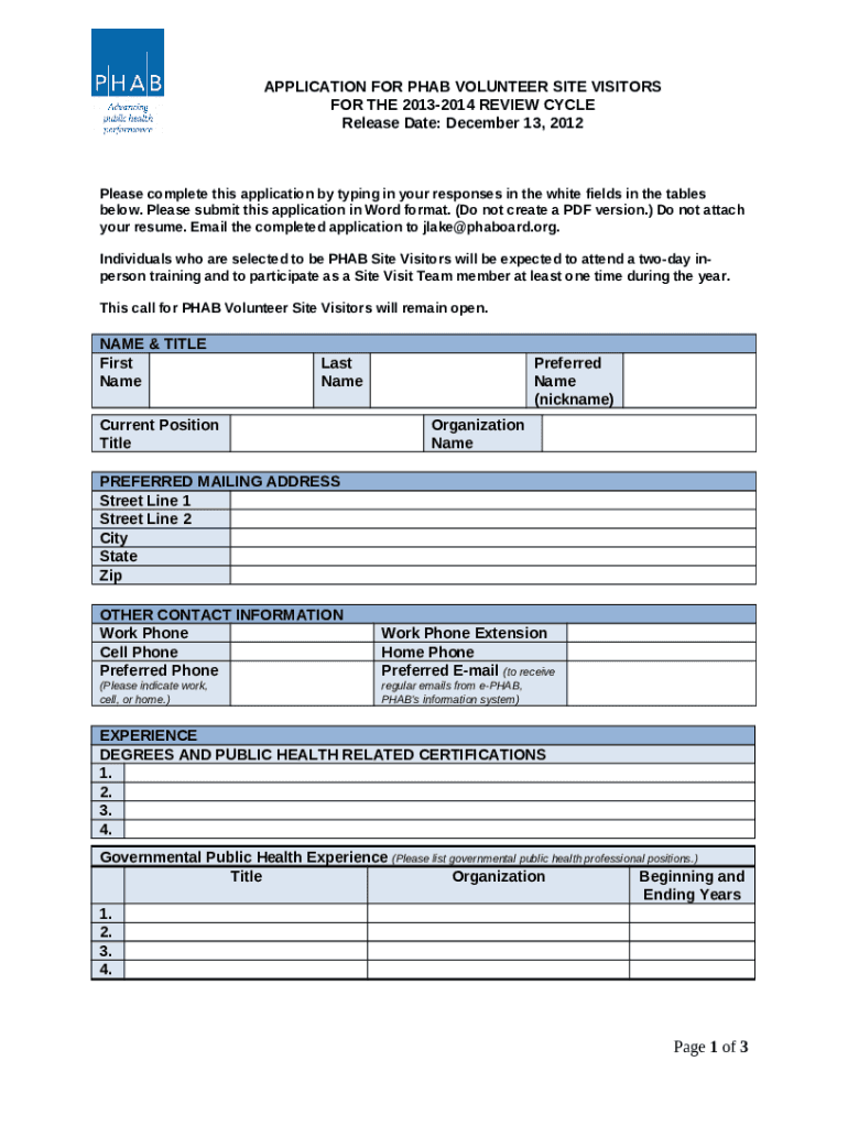 www.pdffiller.com428891717--APPLICATION-FORAPPLICATION FOR PHAB VOLUNTEER SITE VISITORS Doc ...