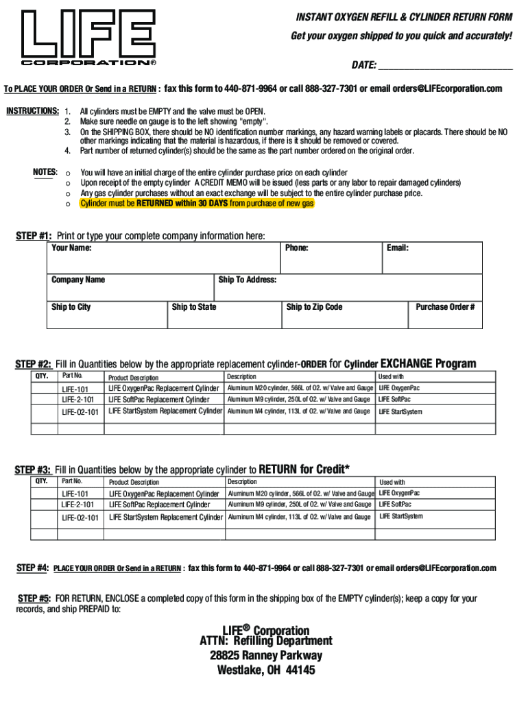 Fillable Online INSTANT OXYGEN REFILL & CYLINDER RETURN FORM Get your ...