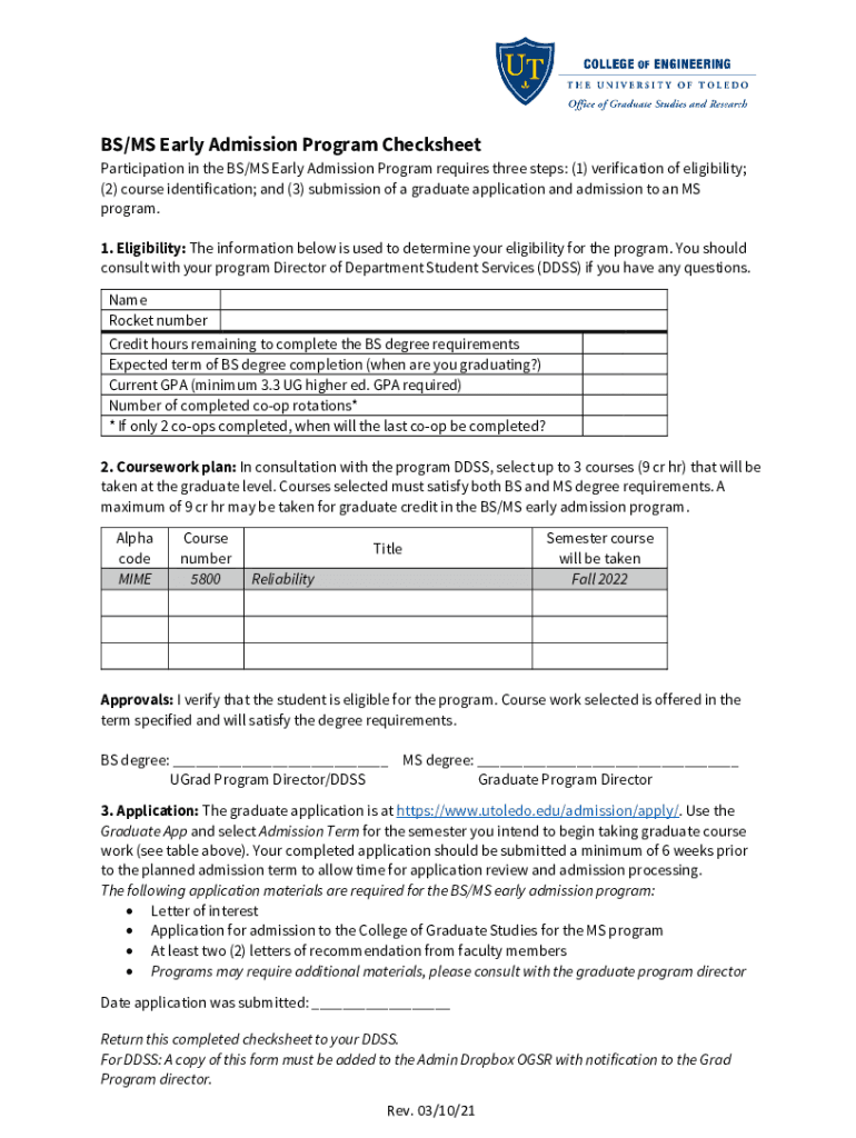 Fillable Online www.utoledo.eduengineeringgraduate-studiesBS/MS Early ...