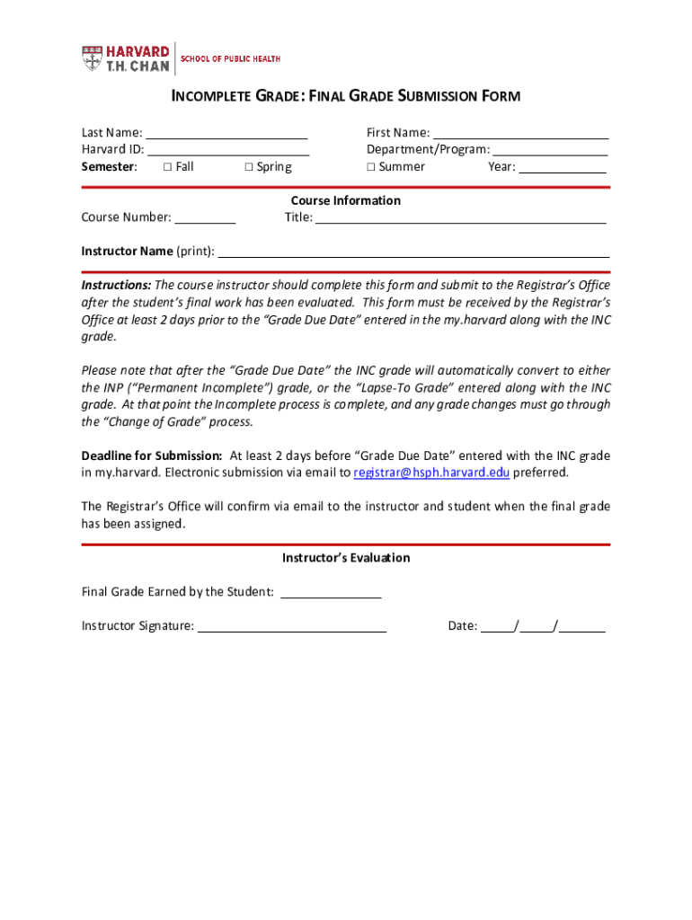 Fillable Online Incomplete - Final Grade Submission. Incomplete - Final ...