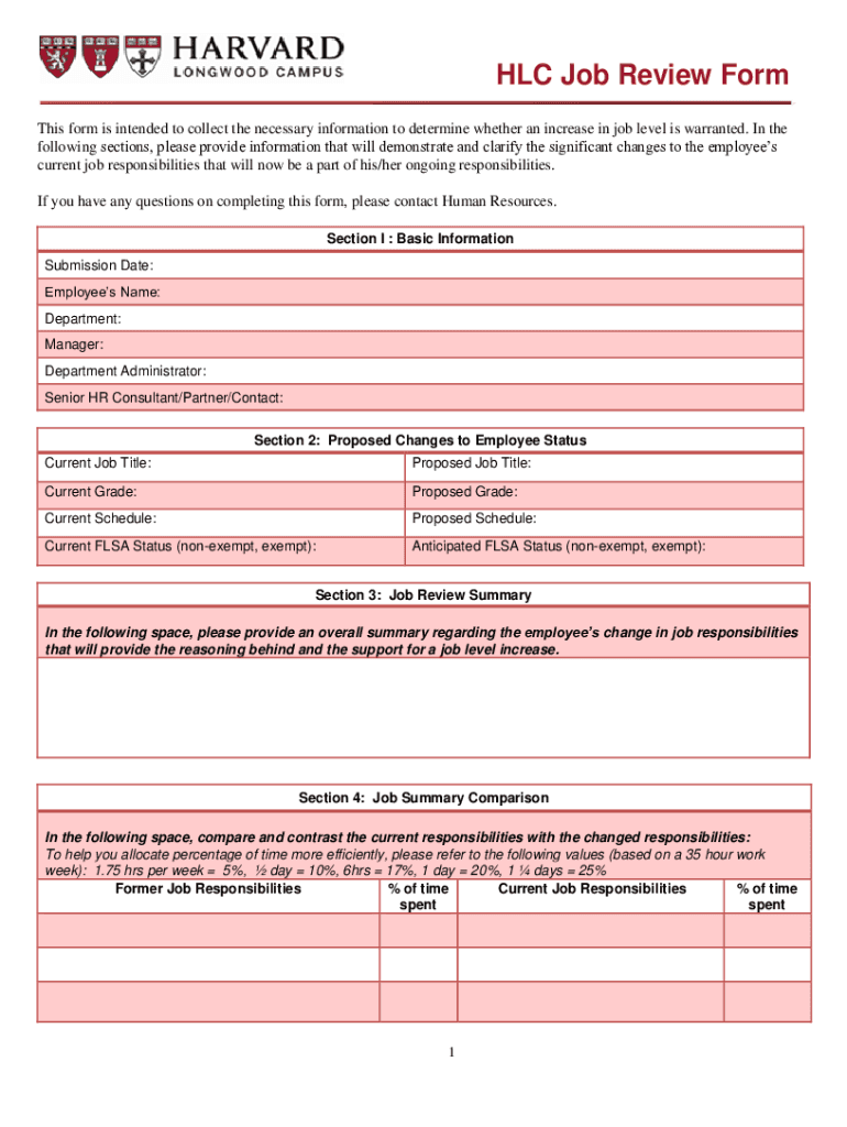 Fillable Online HLC Job Review Form Harvard University Fax Email Print ...