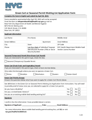 Fillable Online Green Cart or Seasonal Permit Waiting List Application ...