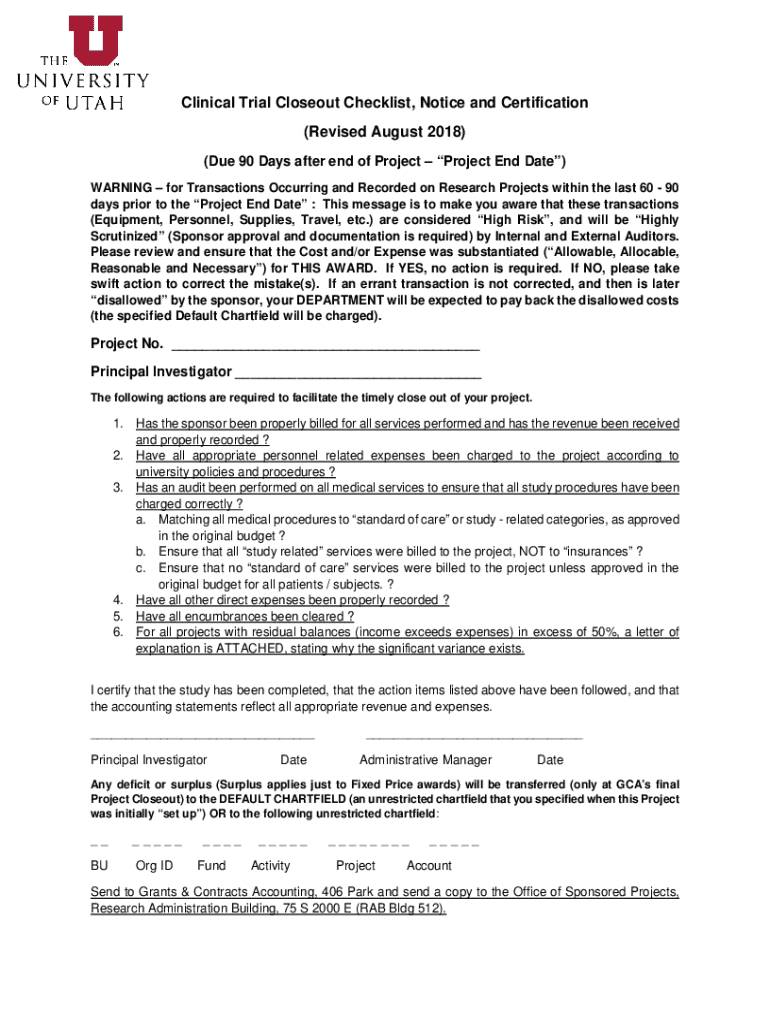Fillable Online fbs admin utah Clinical Trial Closeout Checklist ...