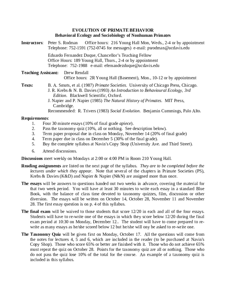 EVOLUTION OF PRIMATE BEHAVIOR - University of Pennsylvania Doc Template | pdfFiller