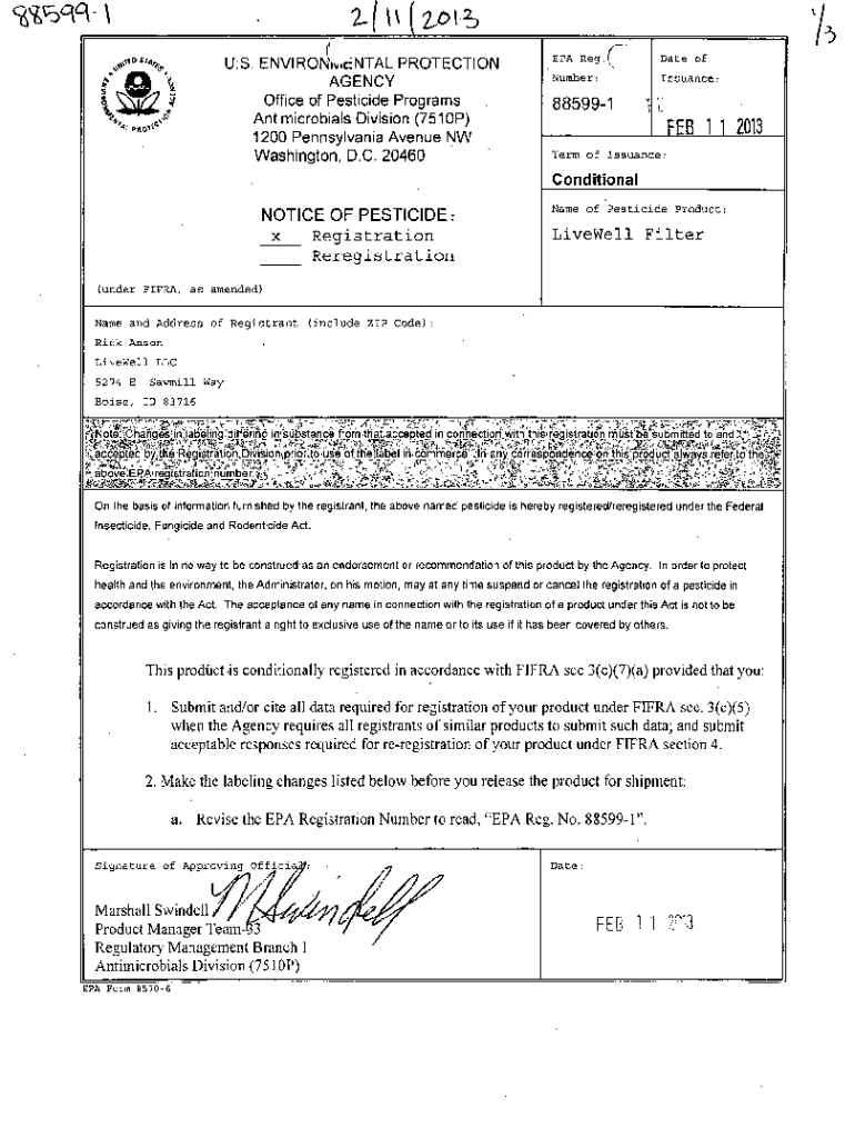 Fillable Online US EPA, Pesticide Product Label, LIVEWELL FILTER, 02/11 ...
