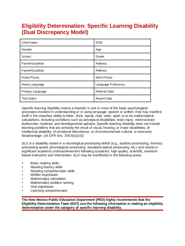 Specific Learning Disability Initial Evaluation Worksheet Doc Template