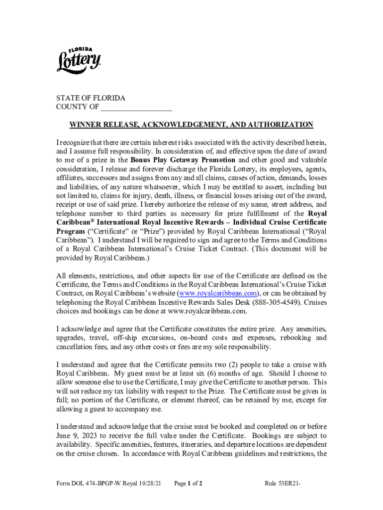 Fillable Online WINNER RELEASE, ACKNOWLEDGEMENT AND AUTHORIZATION Bonus ...