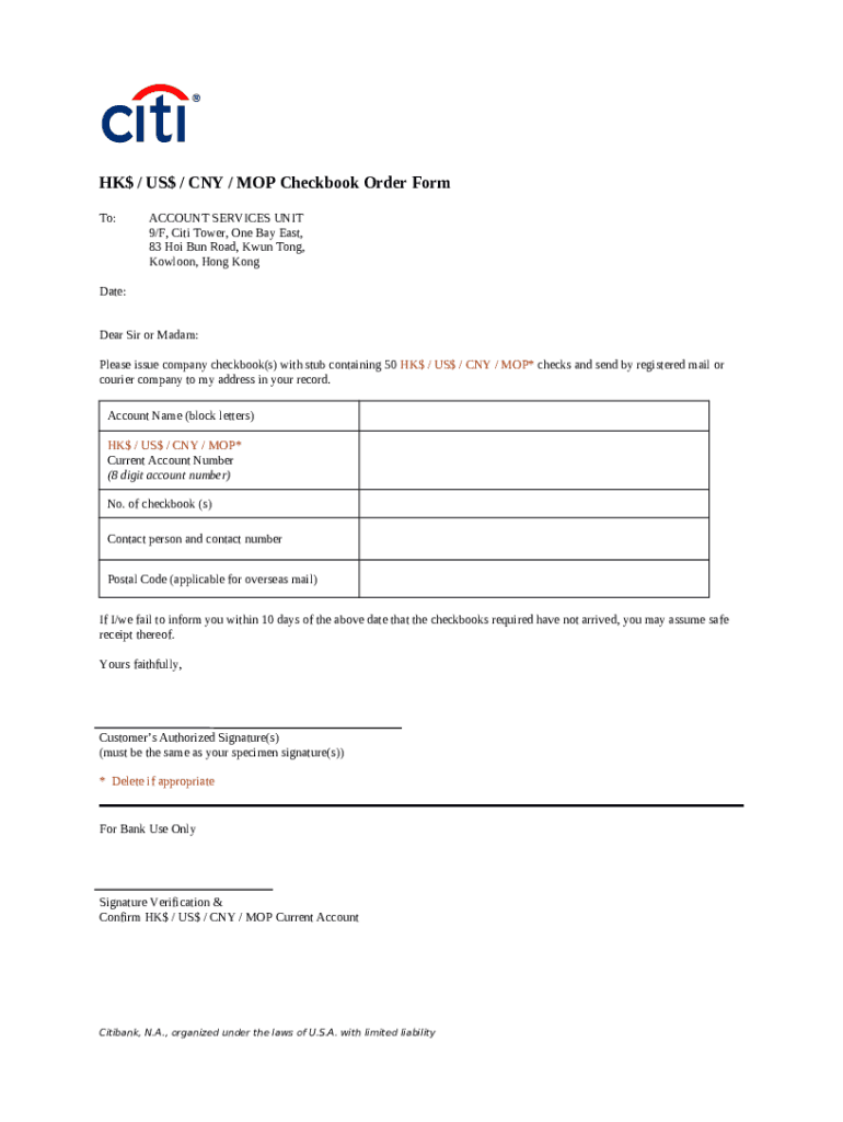 US$ Checkbook Order - Citi Doc Template | pdfFiller