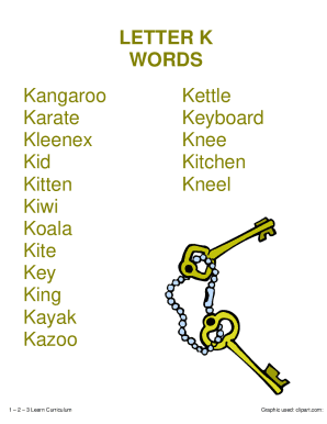 Fillable Online LETTER K WORDS Kangaroo Karate Kleenex Kid Kitten Kiwi ...
