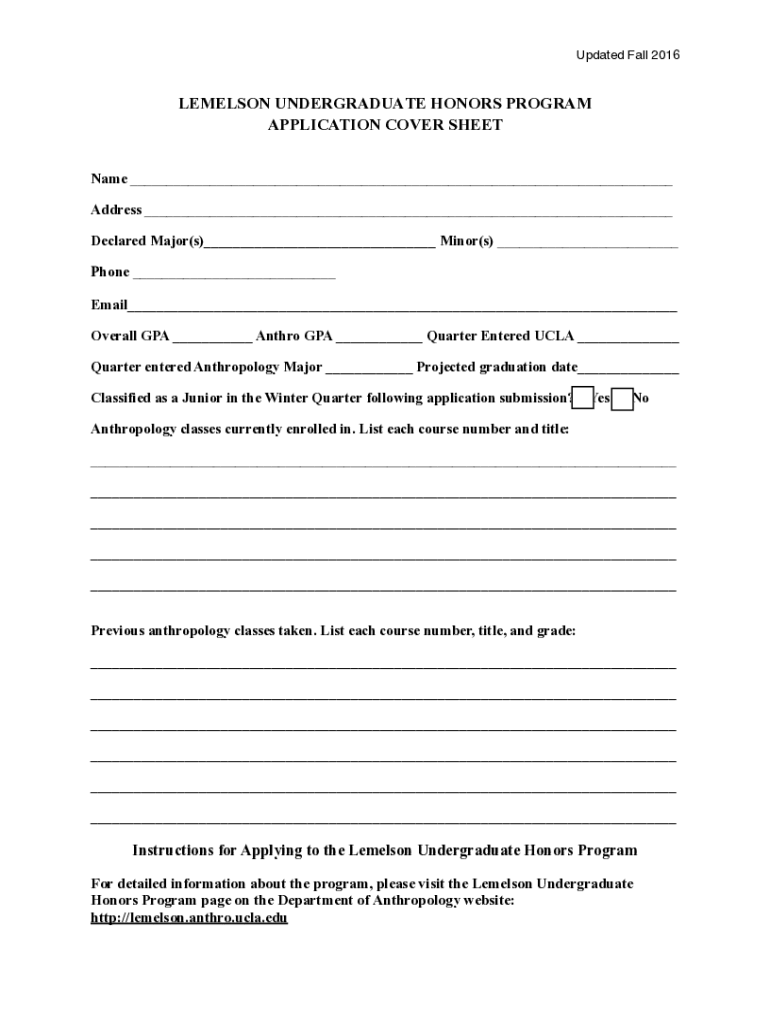 Fillable Online LEMELSON UNDERGRADUATE HONORS PROGRAM APPLICATION COVER SHEET Fax Email Print ...
