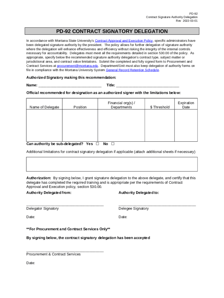 PD-92 CONTRACT SIGNATORY DELEGATION Doc Template | pdfFiller