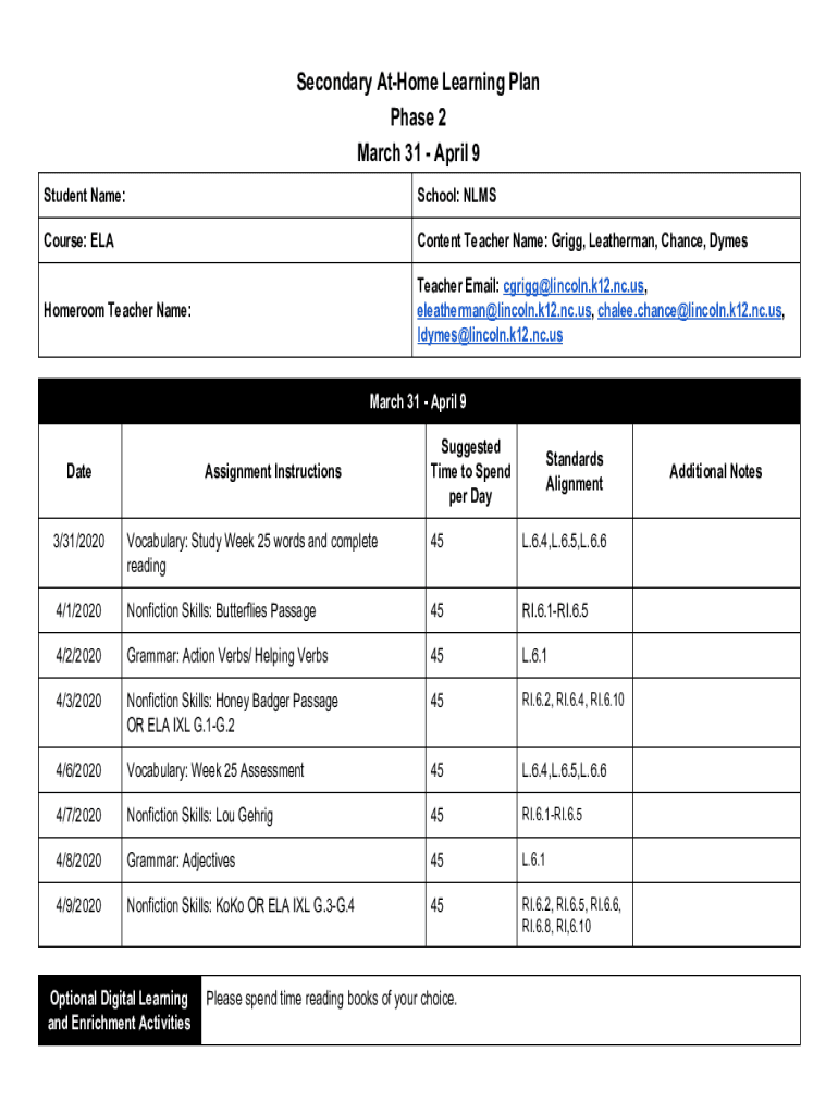 Fillable Online Secondary At-Home Learning Plan Phase 2 March 31 Fax ...