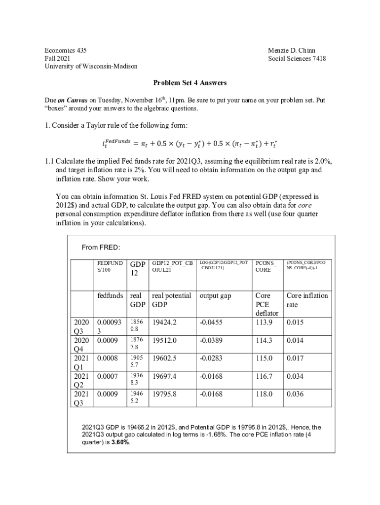 Fillable Online Problem Set 4 Answers 1. Consider a Taylor rule of the following form Fax Email ...