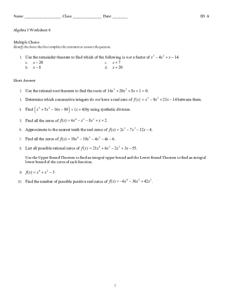 Fillable Online www.coursehero.comfile17273038worksheet3 - ID: A Name ...