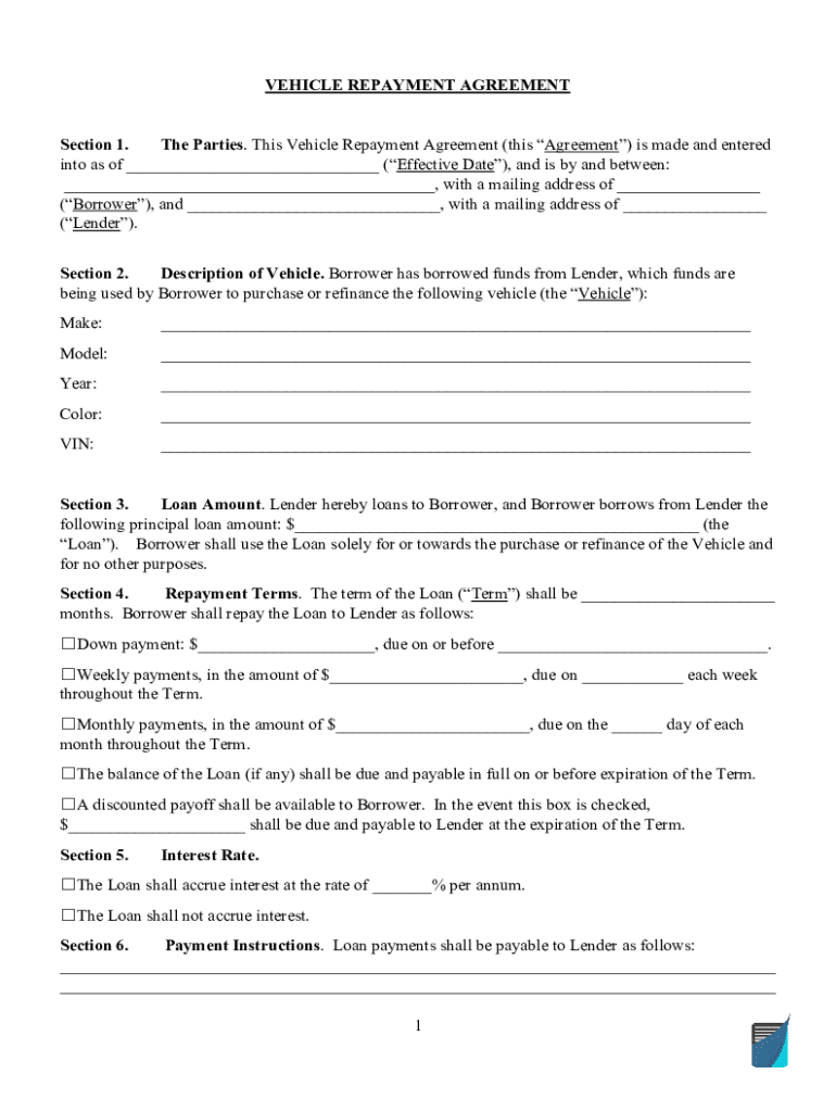 Fillable Online Vehicle repayment agreement form. Vehicle repayment agreement template Fax Email ...