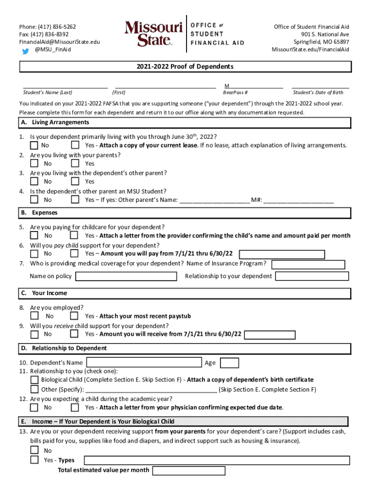 Fillable Online 20212022 Proof of Dependents - Missouri State ...