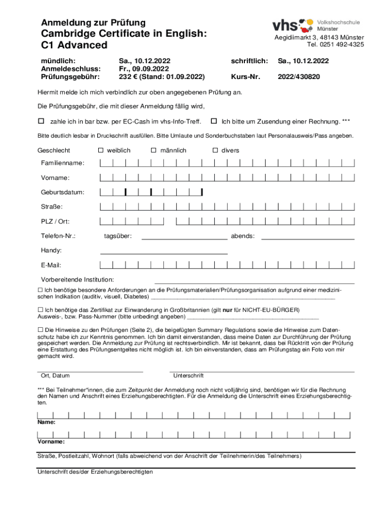Fillable Online Cambridge Certificate in English: C1 Advanced - Stadt ...
