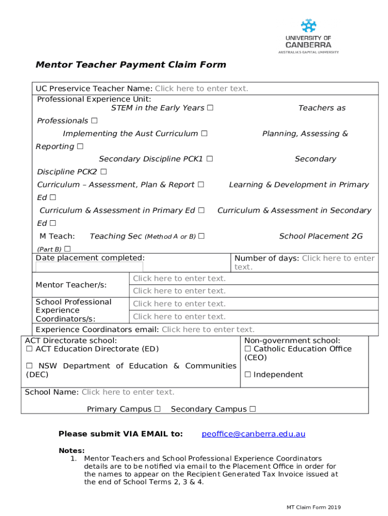 Mentor Teacher Payment Claim - canberra.edu.au Doc Template | pdfFiller