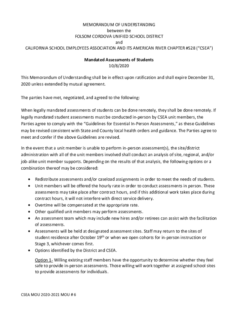 Fillable Online CSEA MOU #6 Mandated Assessments for Students 10-8 ...