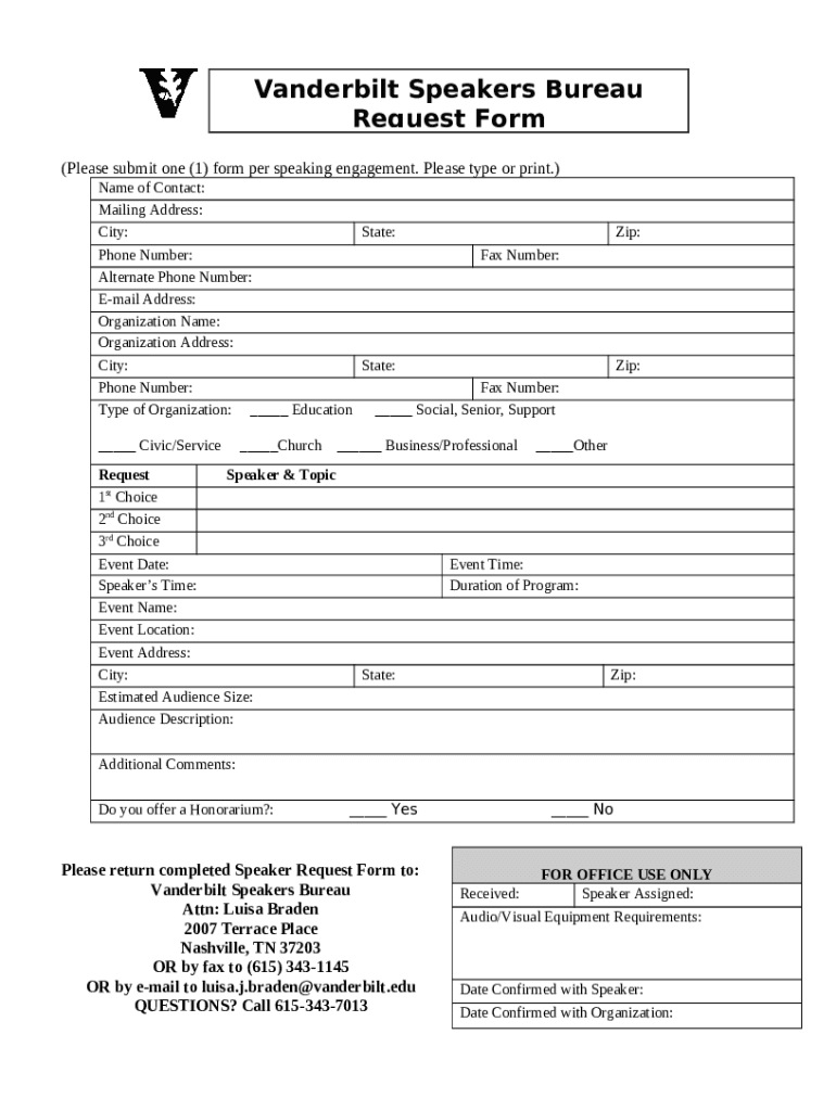 Speakers Bureau Request - College of Arts and Science Doc Template | pdfFiller