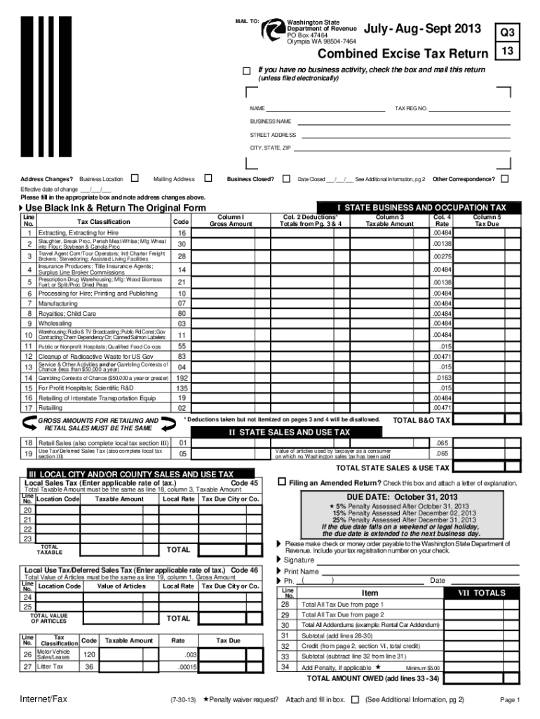 Fillable Online dor wa Quarter 3 2013 Combined Excise Tax Return Fax ...