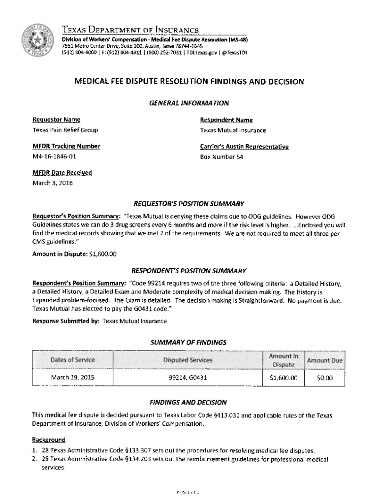 Fillable Online www.tdi.texas.govwcmfdrMedical fee dispute resolution ...
