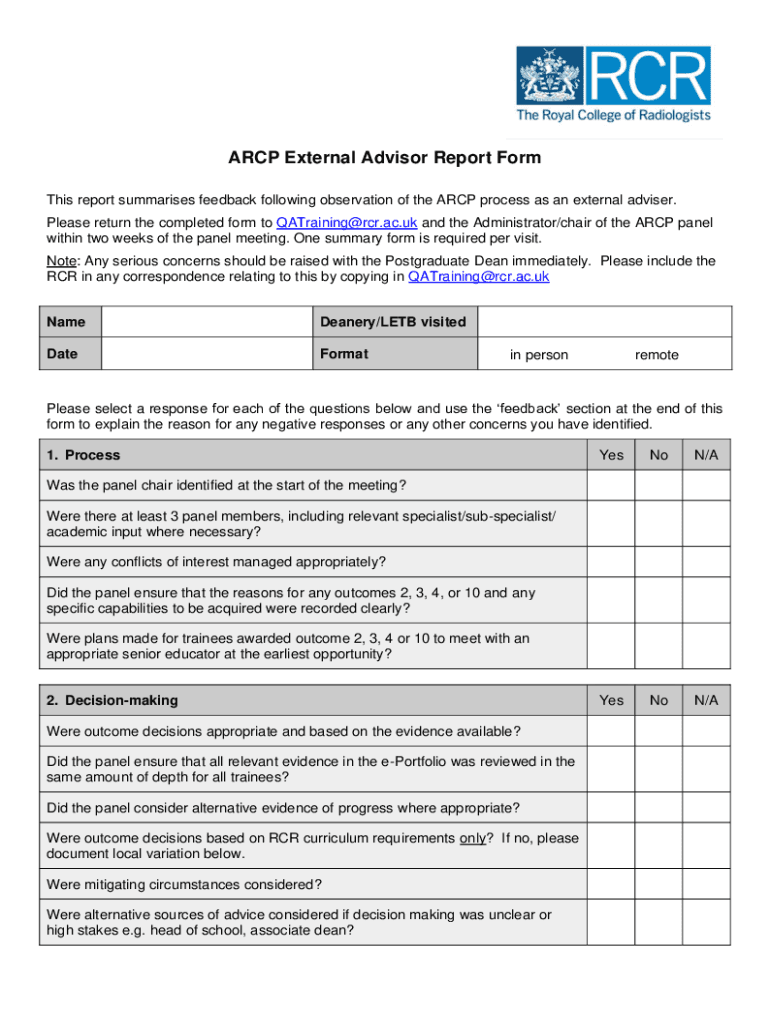 Fillable Online ARCP External Advisor Report Form - Royal College of ...