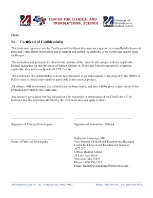 Fillable Online Date: Re: Certificate of Confidentiality - University ...