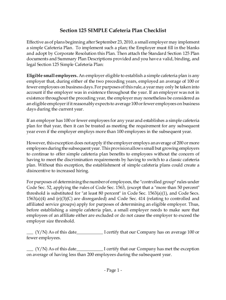 Fillable Online www.legalees.com0410-Simple-Section-125-ChecklistSection 125 SIMPLE Cafeteria ...