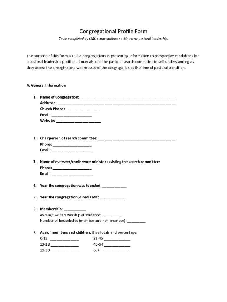 Fillable Online Congregational Profile Form, updated 2020 Fax Email ...