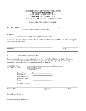 Fillable Online ABSENTEE SHAWNEE TRIBE OF OKLAHOMA EDUCATION Fax Email Print - pdfFiller