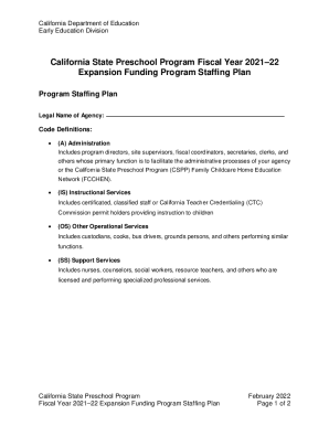 Fillable Online RFA-21. Program Staffing Plan form for the California ...