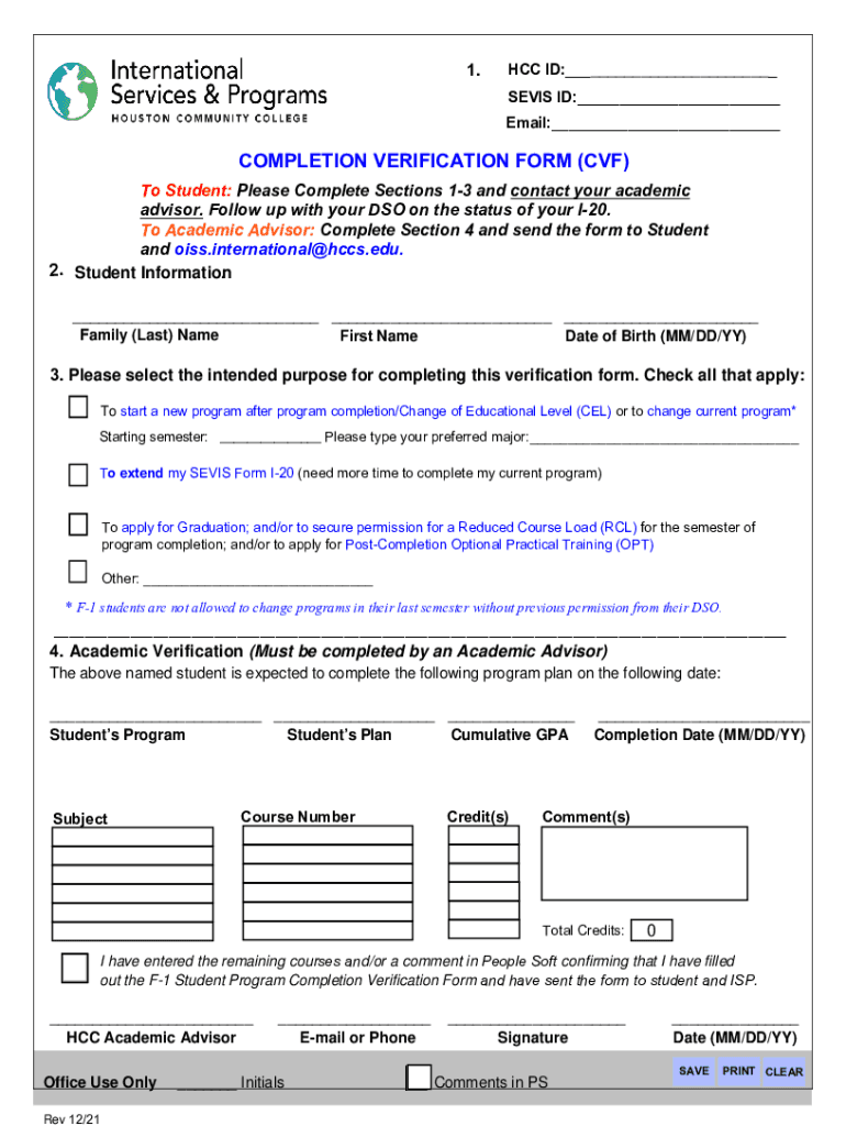 Fillable Online COMPLETION VERIFICATION FORM (CVF) - Houston Community ...