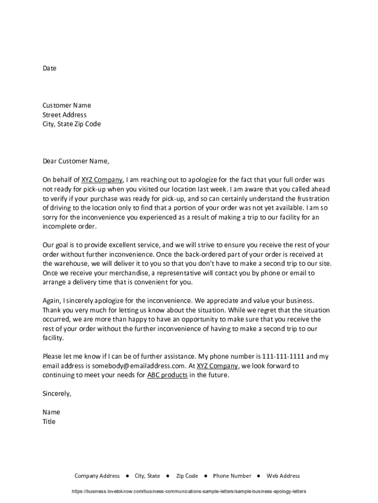 Fillable Online Business Apology for Inconvenience Letter. Business ...