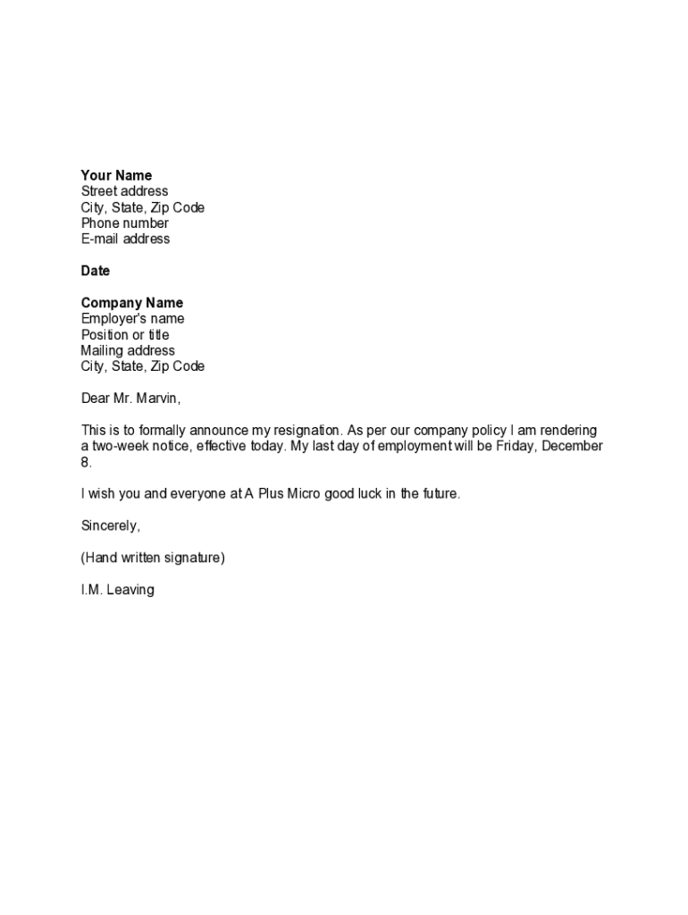 Fillable Online Two Weeks' Notice Resignation Letter Samples - The ...