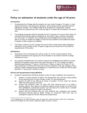 Fillable Online Policy on admission of students under the age of 18 ...