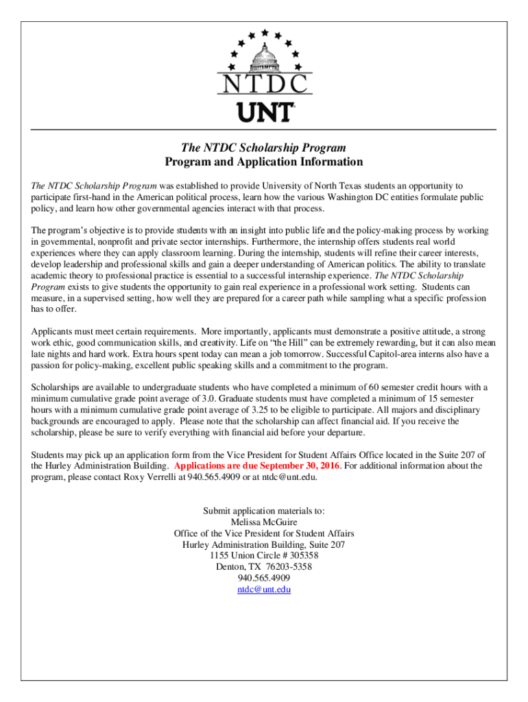 Fillable Online studentaffairs unt The NTDC Scholarship Program Program and Application ... Fax ...