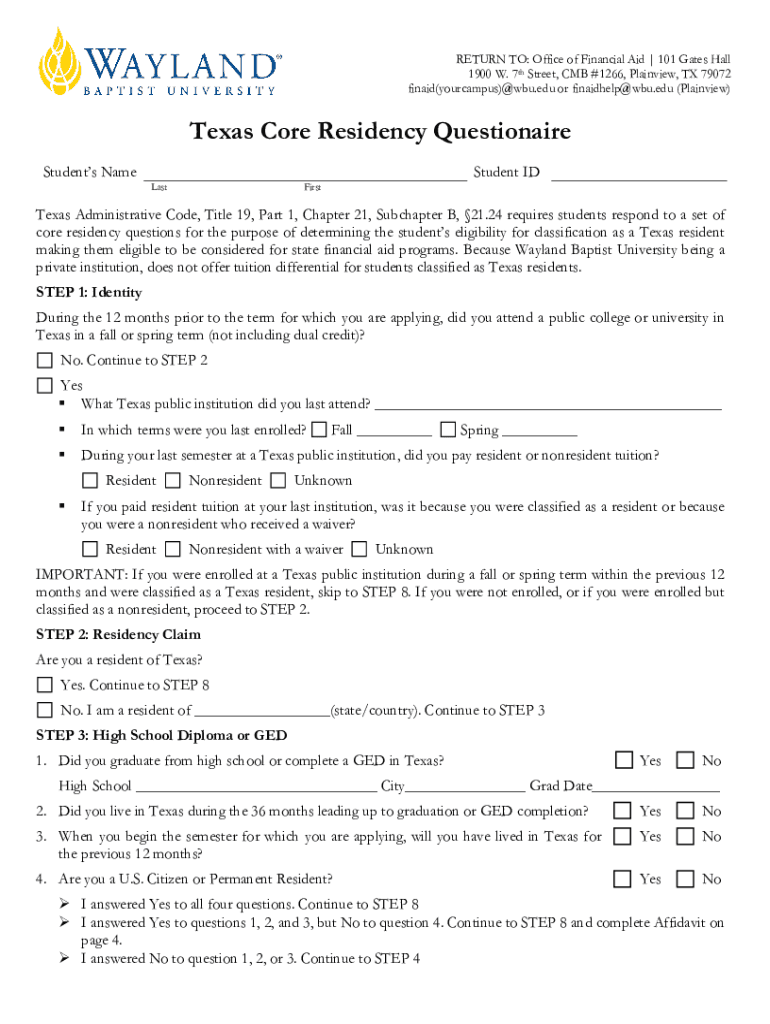 Fillable Online Texas Core Residency Questionaire - Wayland Baptist Fax ...