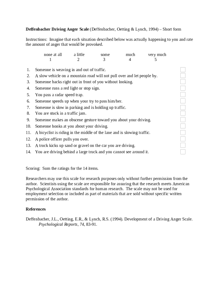 Deffenbacher Driving Anger Scale (Deffenbacher, Oetting & Lynch, 1994 ...