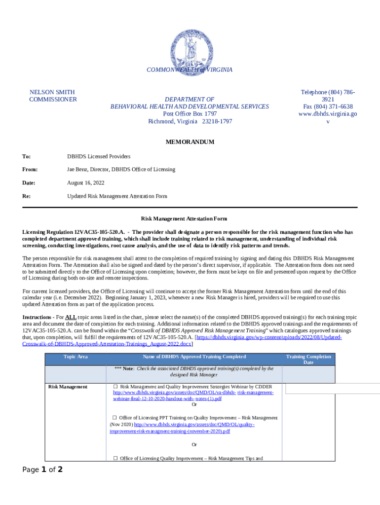 dbhds risk management attestation Doc Template | pdfFiller