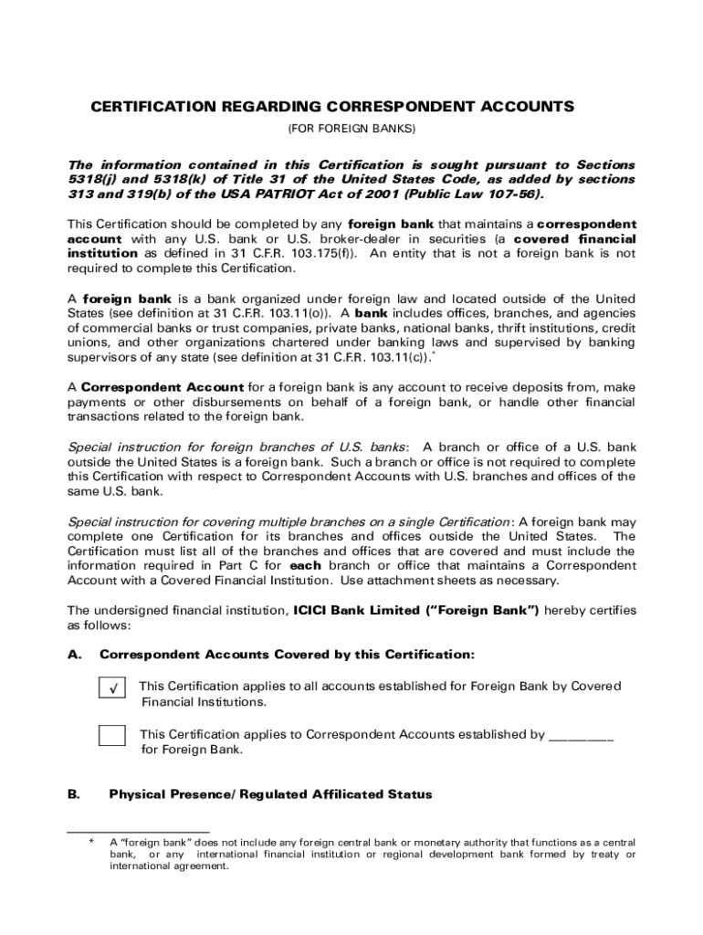 Fillable Online Certification Regarding Correspondent Accounts for ...