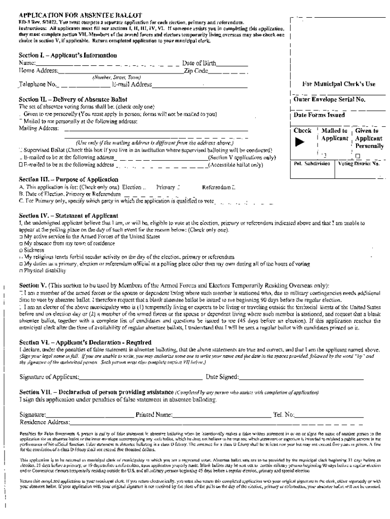 Fillable Online APPLICATION FOR ABSENTEE BALLOT ED-3 Rev. 5/2022 You ...