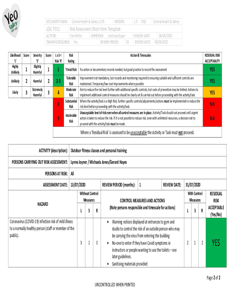 Fillable Online Risk Assessment Short Form Template Fax Email Print ...