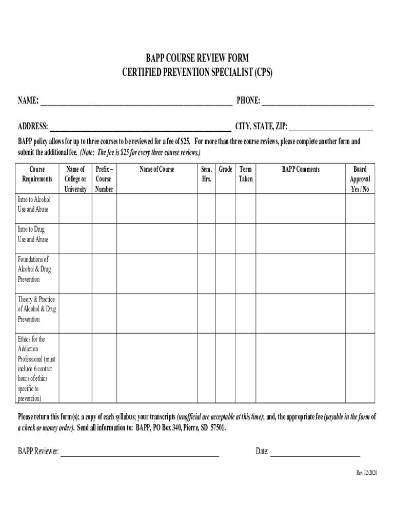 Fillable Online dss sd BAPP COURSE REVIEW FORM CERTIFIED PREVENTION SPECIALIST (CPS) NAME: PHONE ...
