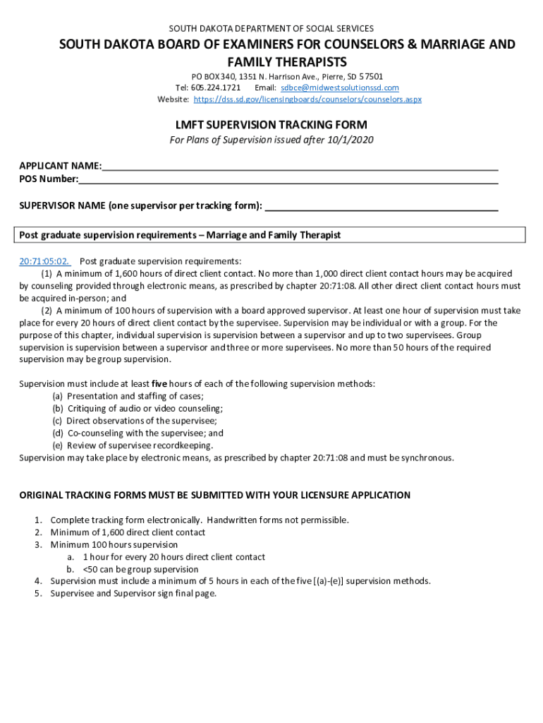 Fillable Online dss sd lmft supervision tracking form - Department of ...
