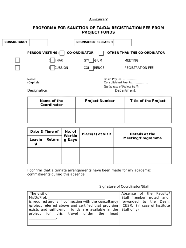 PROA FOR SANCTION OF TA/DA/ REGISTRATION FEE FROM Doc Template | pdfFiller