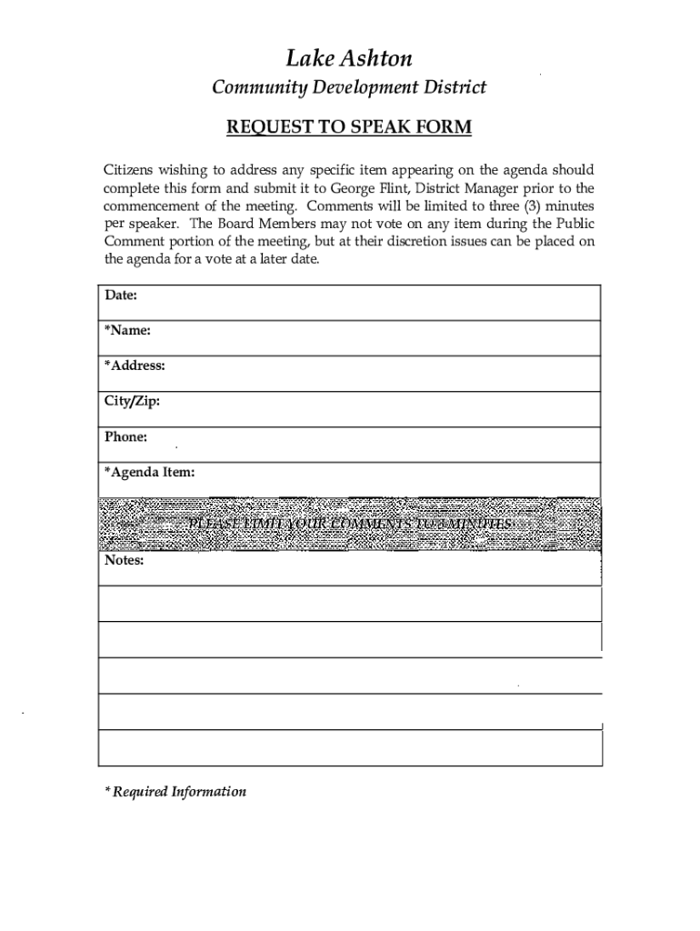 Fillable Online request-to-speak.pdf - Lake Ashton CDD Fax Email Print - pdfFiller